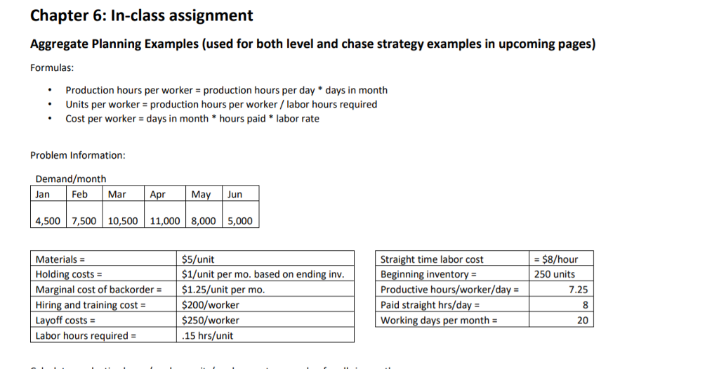 Chapter 6: In-class assignment Aggregate Planning | Chegg.com