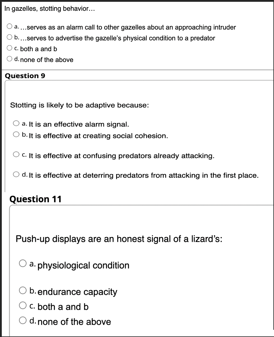 In gazelles, stotting behavior... a....serves as an | Chegg.com