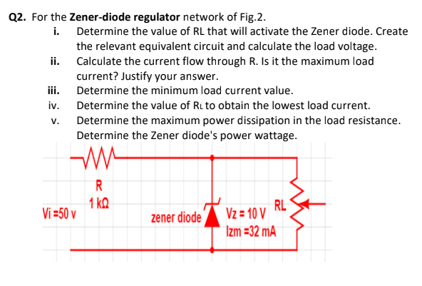 Solved Q2. For the Zener-diode regulator network of Fig.2. | Chegg.com