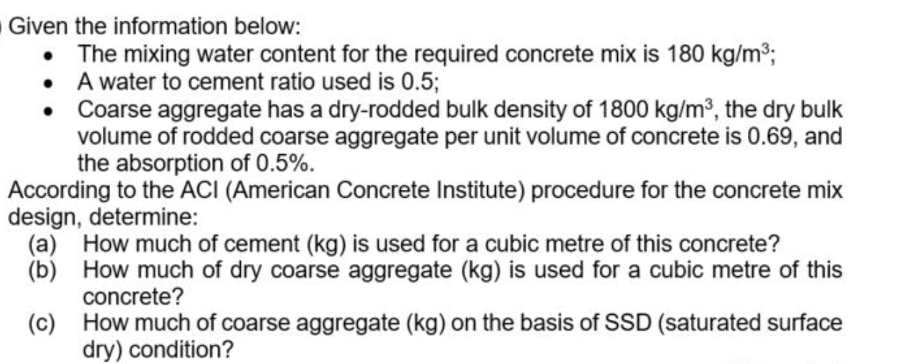 Solved Given the information below: • The mixing water | Chegg.com
