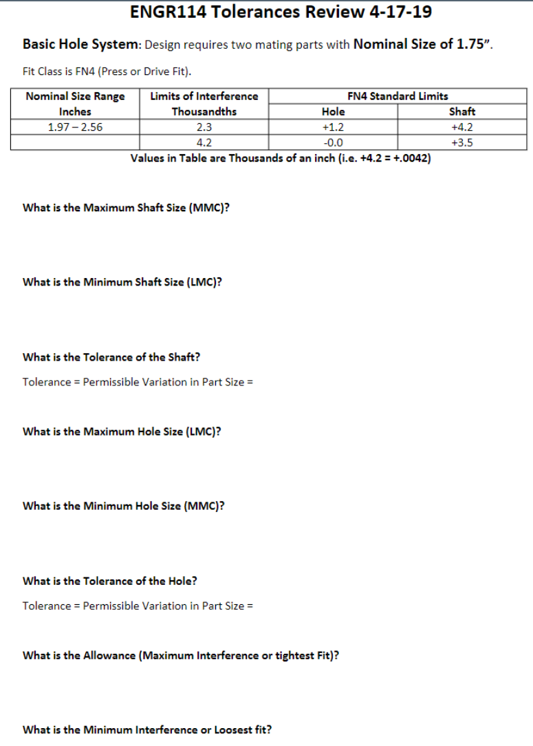 Solved ENGR114 Tolerances Review 4-17-19 Basic Hole System: | Chegg.com