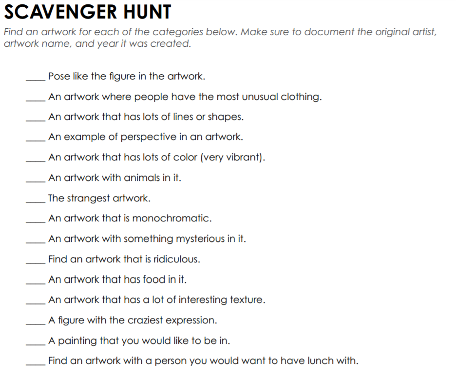 Solved SCAVENGER HUNT Find an artwork for each of the | Chegg.com