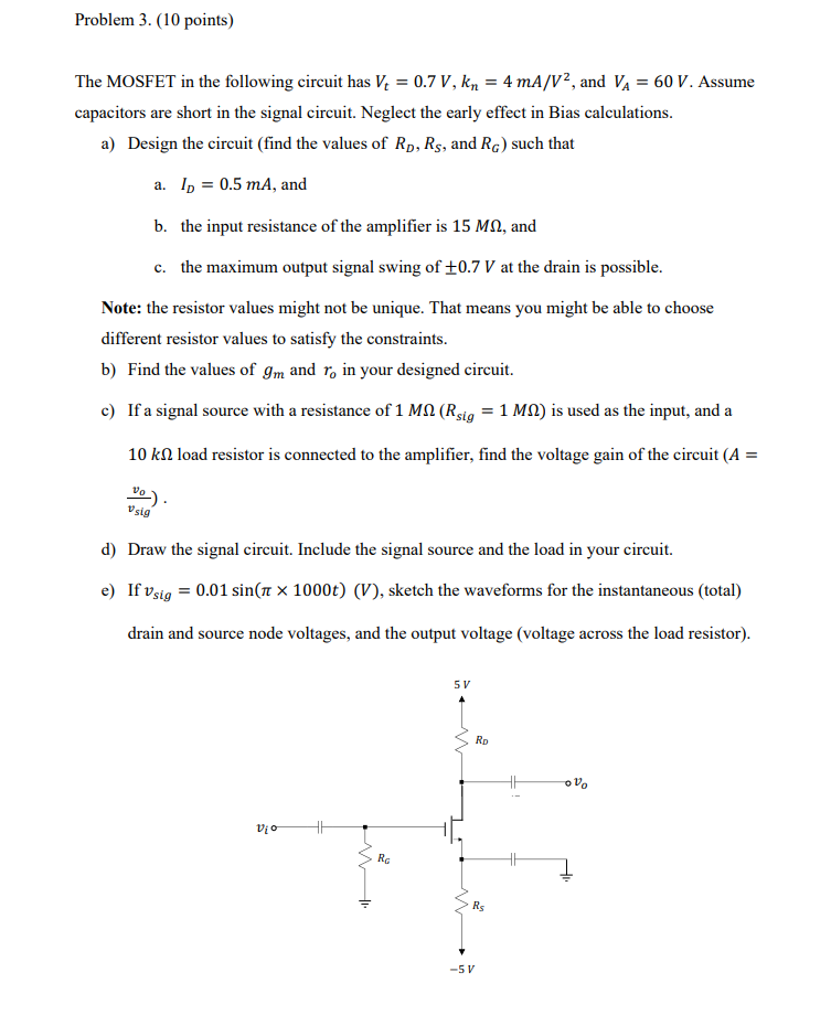 Solved Problem 3. (10 points) The MOSFET in the following | Chegg.com