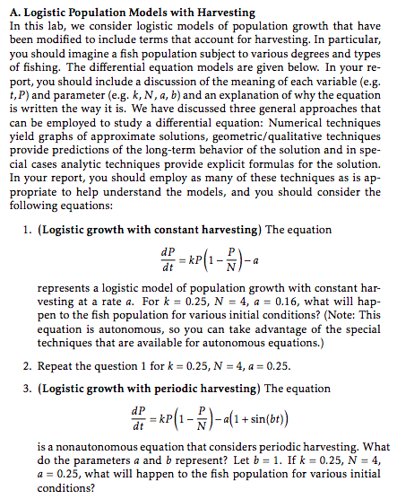 Solved A. Logistic Population Models with Harvesting In this | Chegg.com