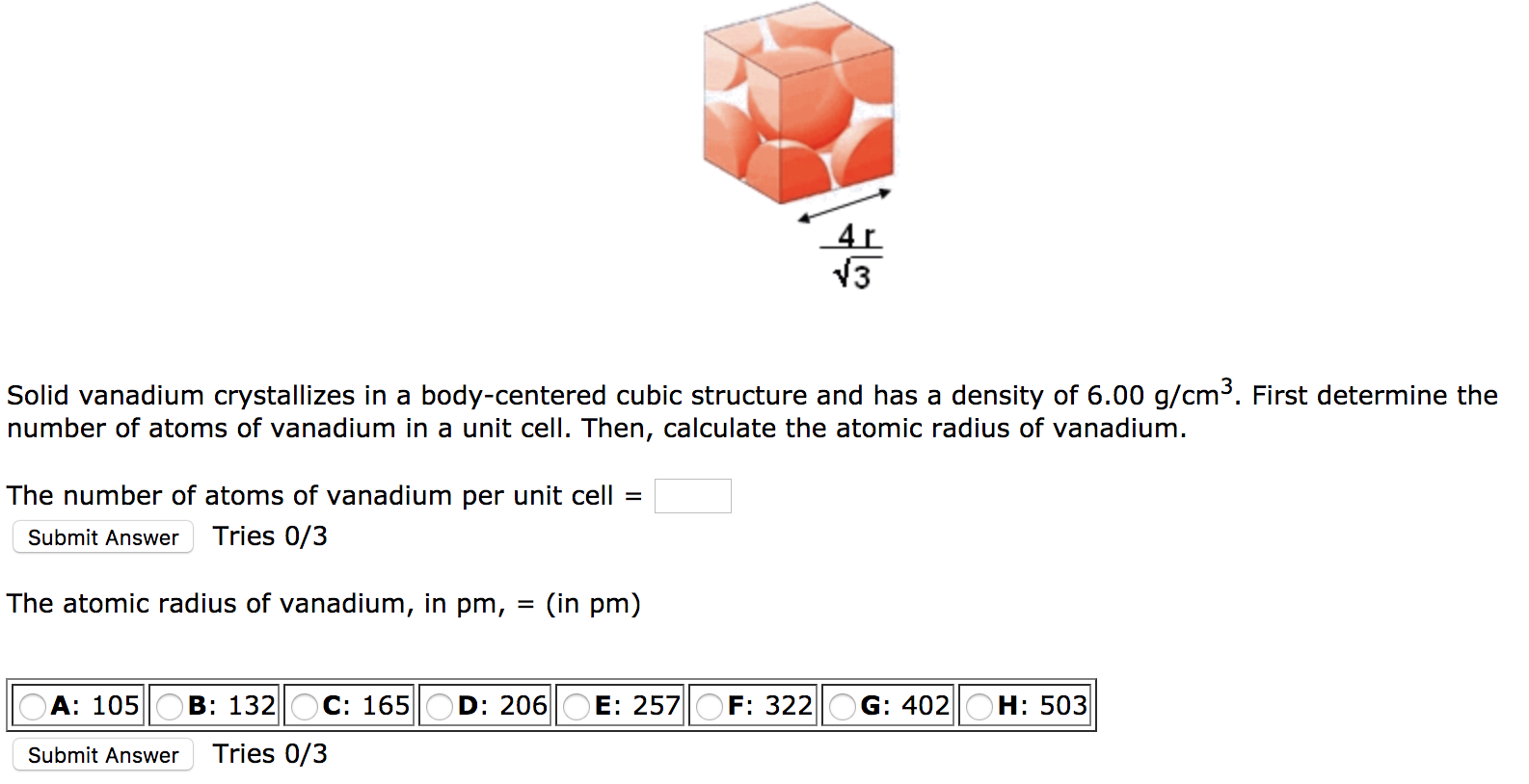 Solved Solid vanadium crystallizes in a body-centered cubic | Chegg.com