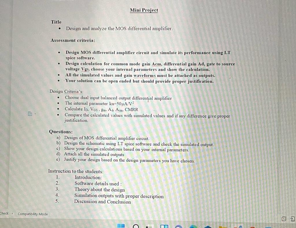 Solved Mini Project Title . Design and analyze the MOS | Chegg.com