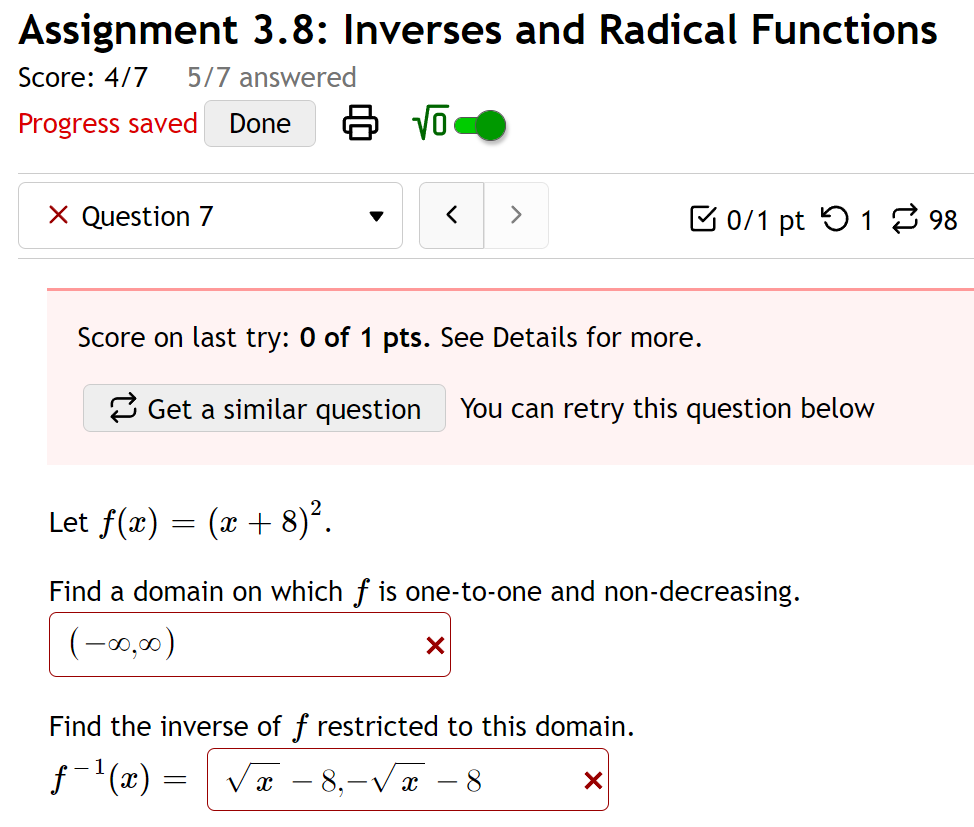 Solved Assignment 3.8: Inverses and Radical Functions Score: | Chegg.com