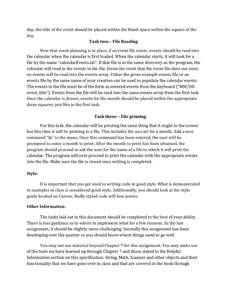 Solved Calendar Assignment- Part 3 Simple Scheduling CS 140 | Chegg.com