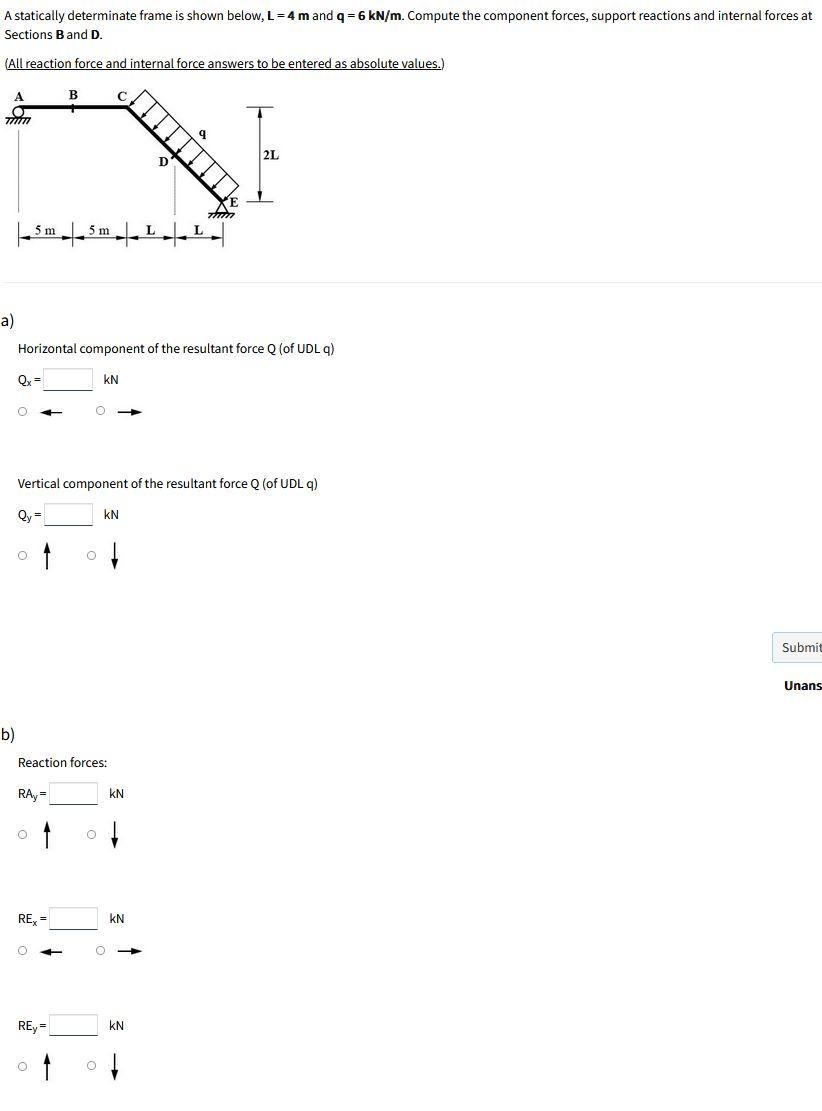Solved A statically determinate frame is shown below, L=4m | Chegg.com