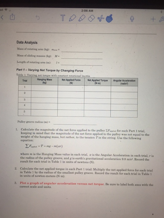 Solved 2:06 AM Data Analysis Mass of rotating arm (kg): mam- | Chegg.com