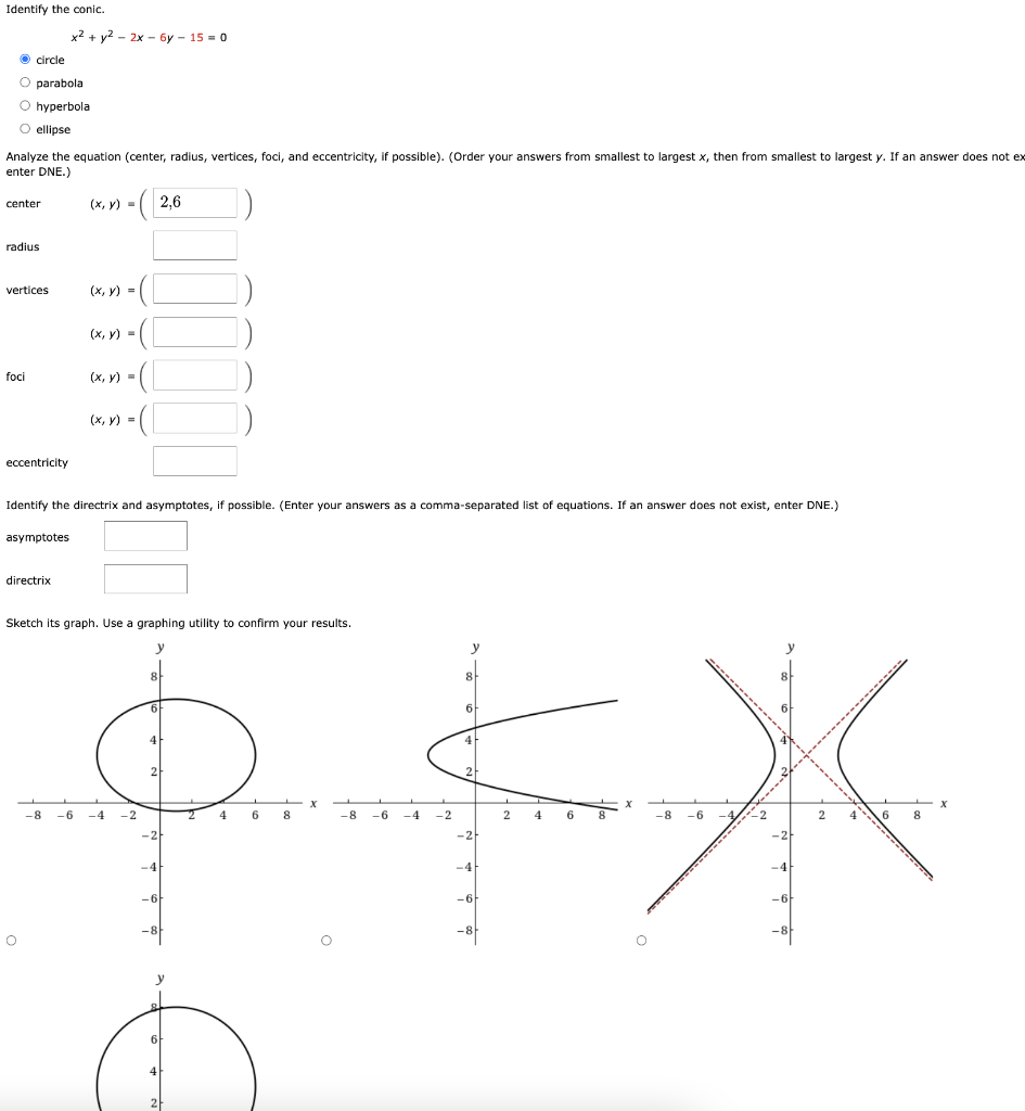 Solved Identify the conic. x2 + y༧ - 2x = 6y = 15 = 0 circle | Chegg.com