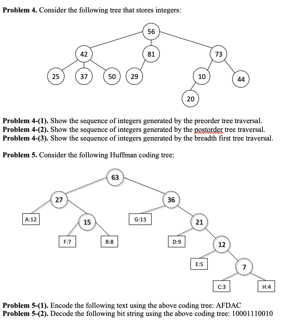 Solved Problem 4. Consider the following tree that stores | Chegg.com