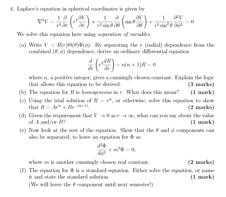 Solved (7) 4. Laplace's equation in spherical coordinates is | Chegg.com