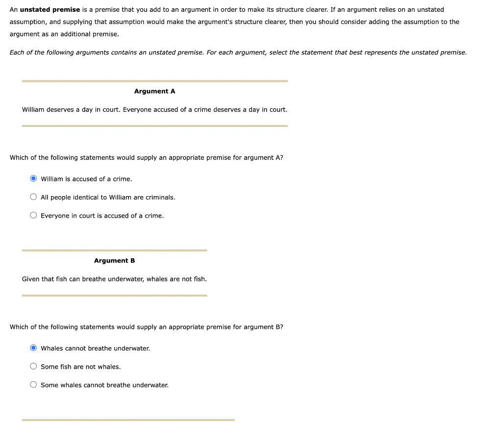 Solved An unstated premise is a premise that you add to an | Chegg.com
