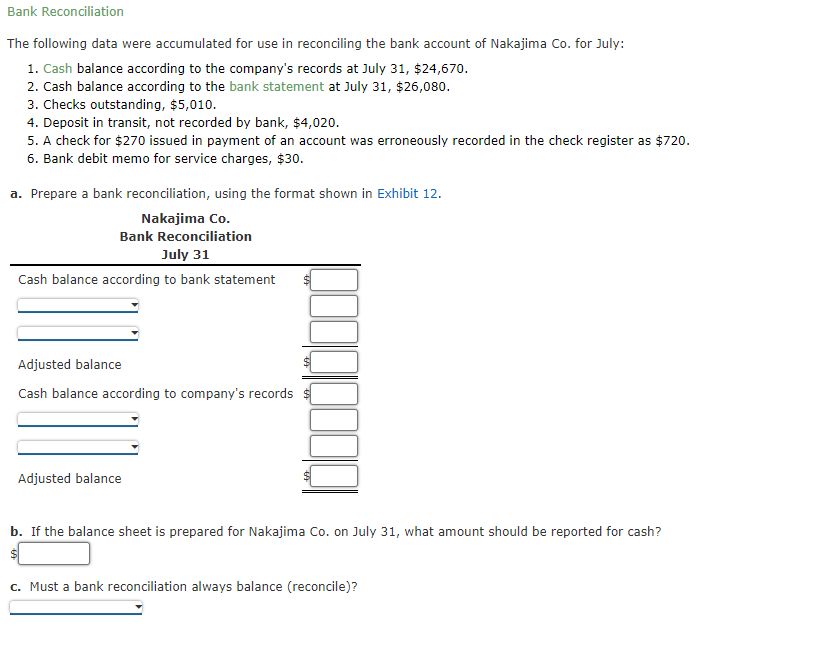 Solved Bank Reconciliation The following data were | Chegg.com