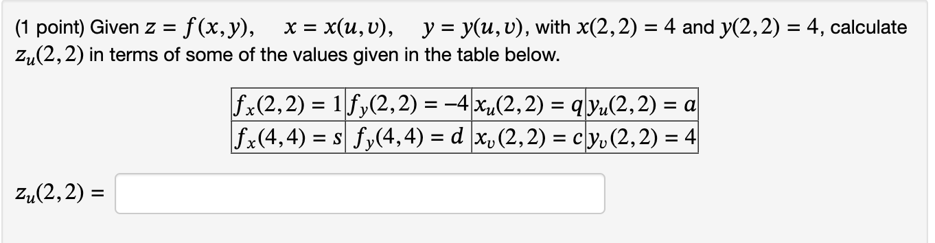 Solved (1 point) Given z=f(x,y),x=x(u,v),y=y(u,v), with | Chegg.com