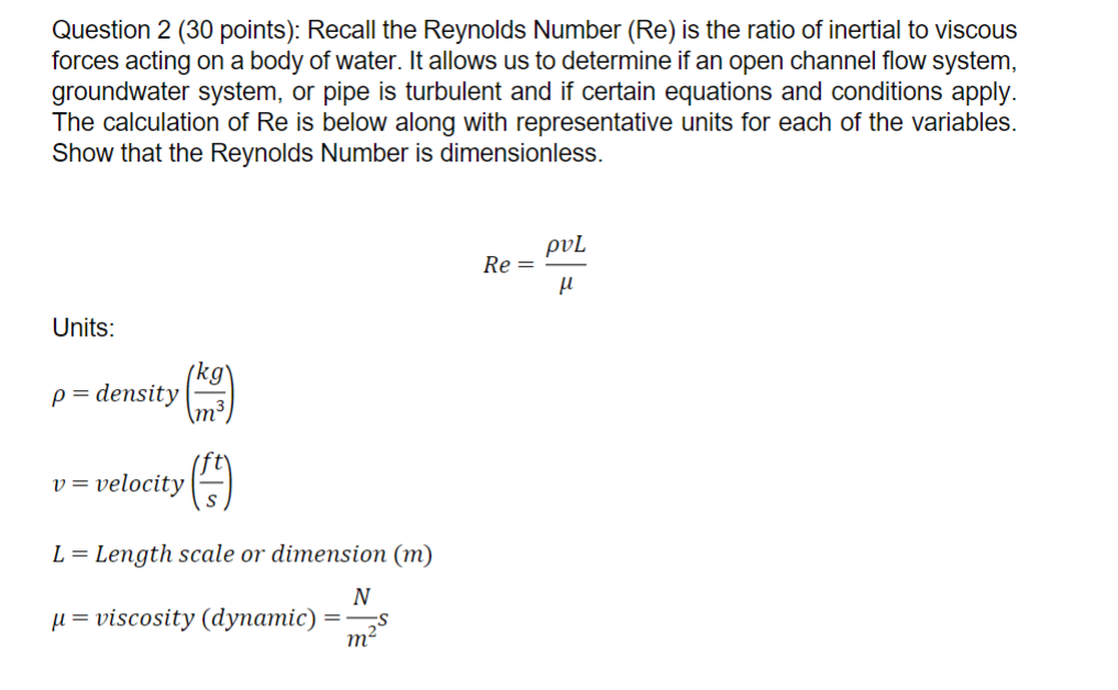 Solved Question 2 (30 points): Recall the Reynolds Number | Chegg.com
