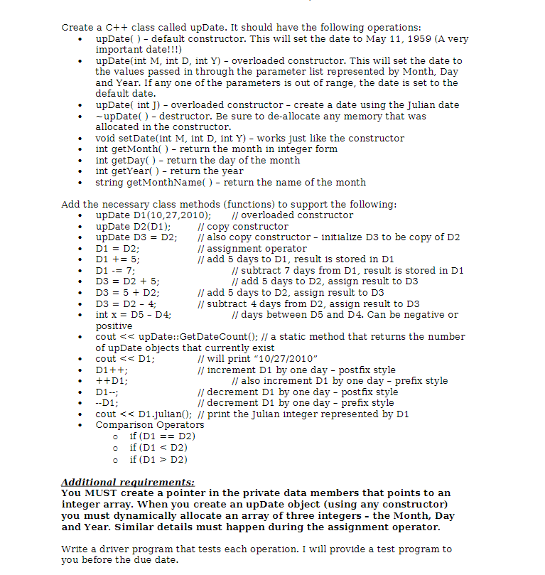 Solved Create a C++ class called upDate. It should have the | Chegg.com