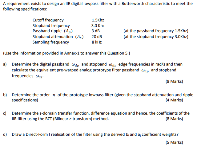 Solved A requirement exists to design an IIR digital lowpass | Chegg.com