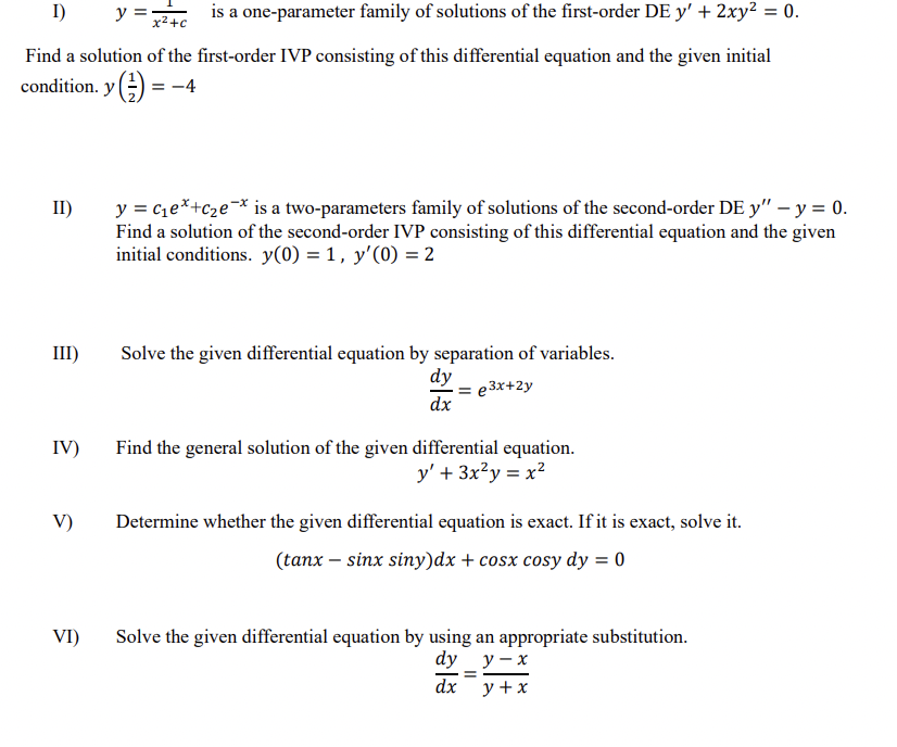 Solved I) y=x2+c1 is a one-parameter family of solutions of | Chegg.com