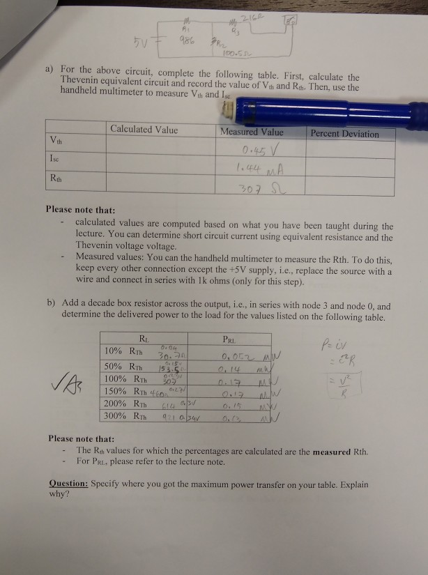 Solved 986 100.51 a) For the above circuit, complete the | Chegg.com