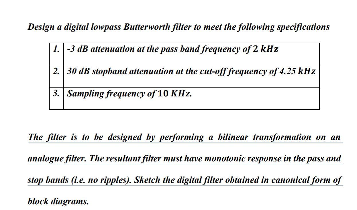 Solved Design a digital lowpass Butterworth filter to meet | Chegg.com