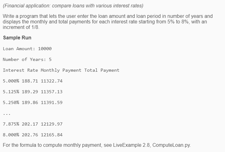 Solved (Financial application compare loans with various | Chegg.com