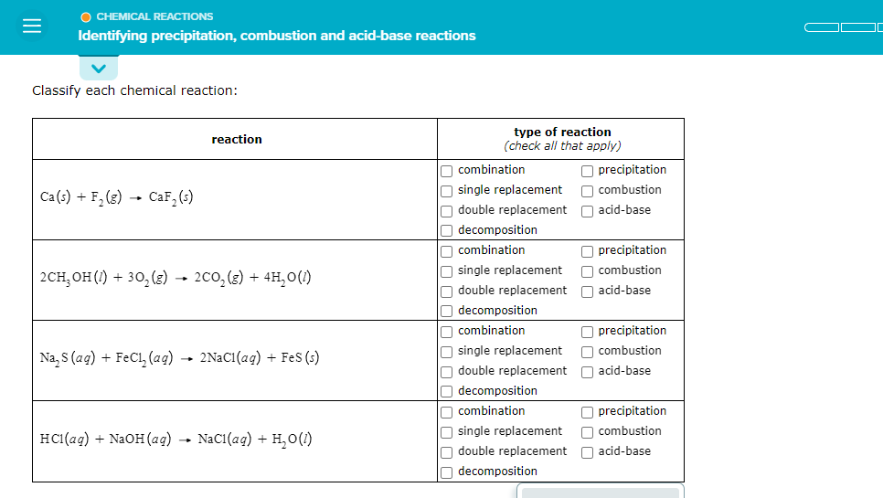 Solved = O CHEMICAL REACTIONS Identifying precipitation, | Chegg.com