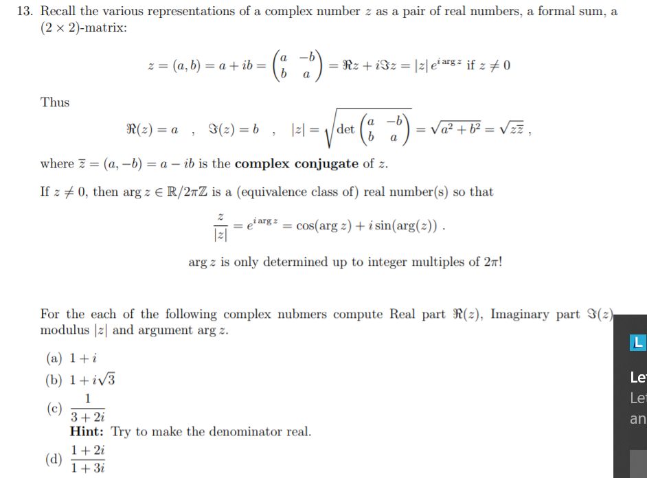 Solved 13. Recall the various representations of a complex | Chegg.com