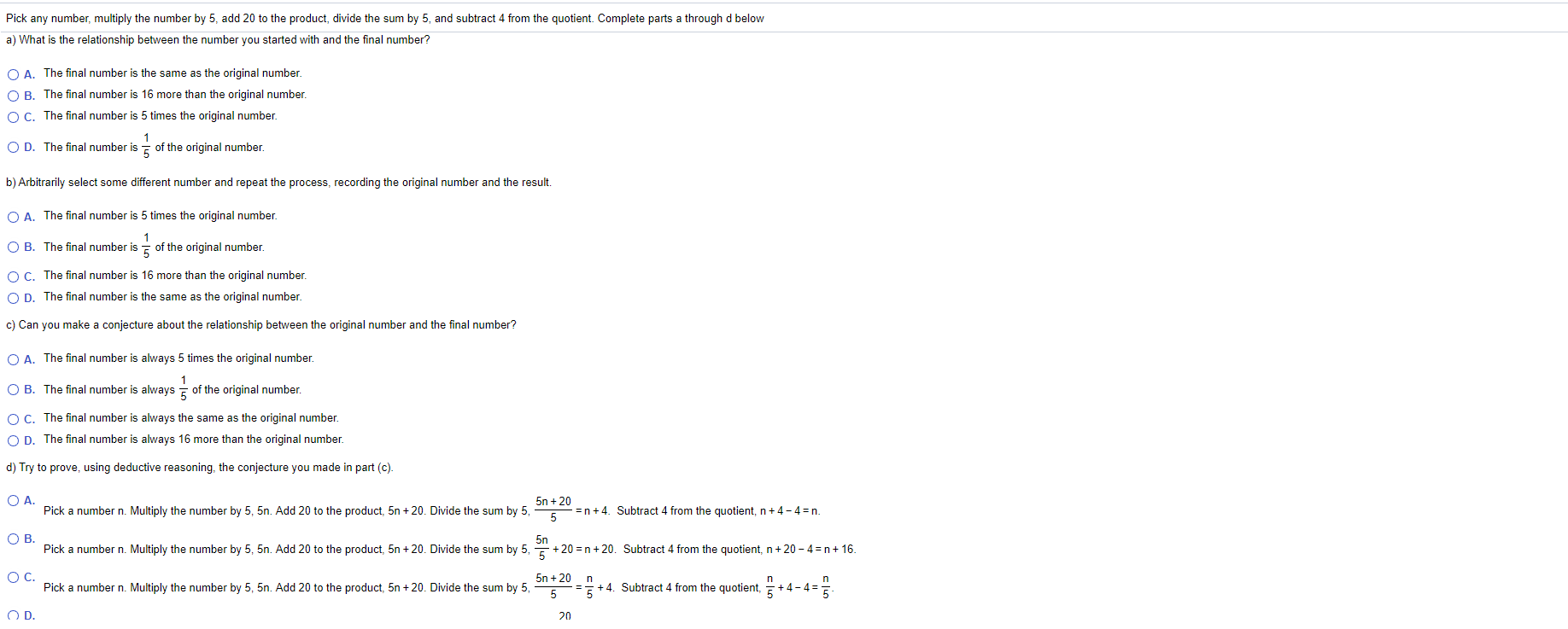 Solved Pick any number, multiply the number by 5, add 20 to | Chegg.com