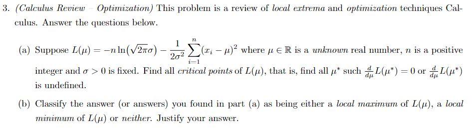 Solved 3 Calculus Review Optimization This Problem Is A 6022