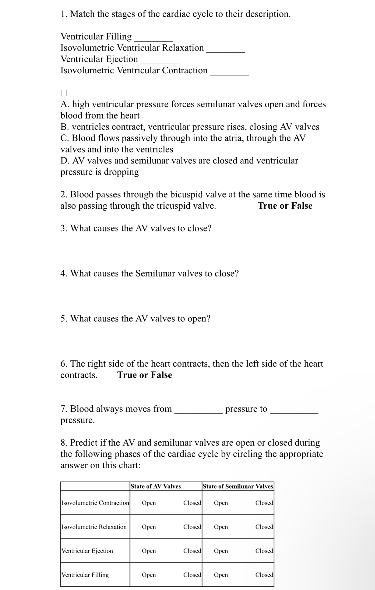 Solved Match the stages of the cardiac cycle to their | Chegg.com