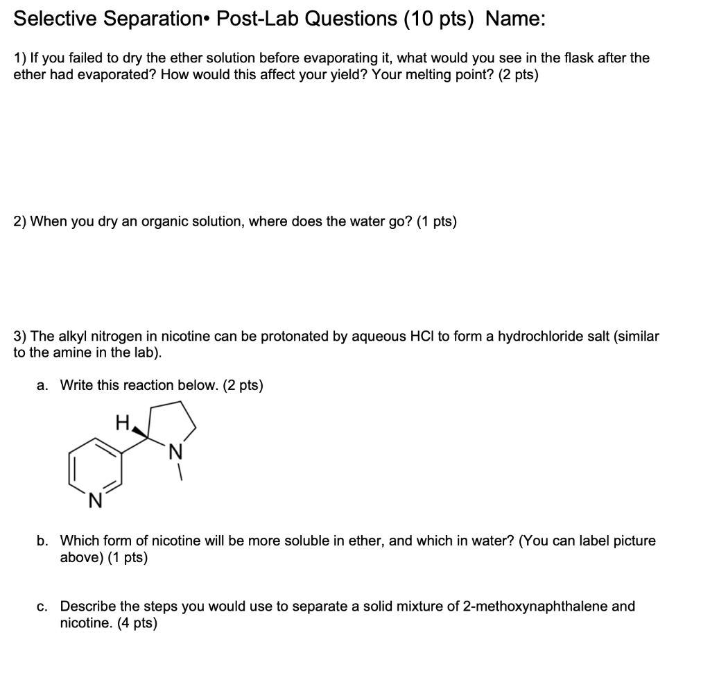 Solved Selective Separation. Post-Lab Questions (10 pts) | Chegg.com