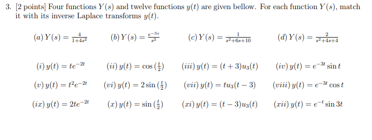 Solved [2 points] Four functions Y(s) and twelve functions | Chegg.com
