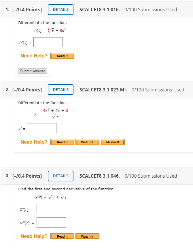 Solved 1. [-70.4 Points] DETAILS SCALCET8 3.1.016. 0/100 | Chegg.com