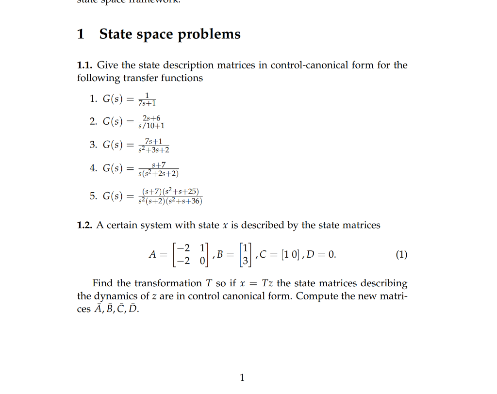 Solved 1 State Space Problems 1 1 Give The State