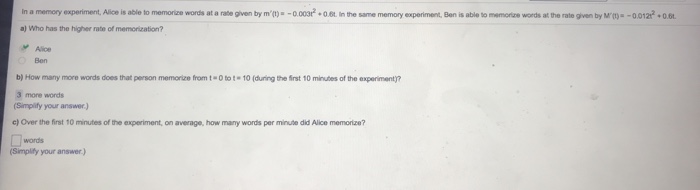 Solved lnamemory experiment, Alice is able to memorize words | Chegg.com