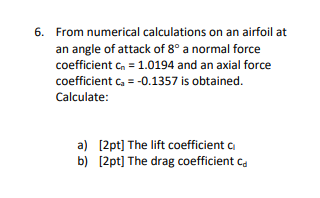 Solved 6. From numerical calculations on an airfoil at an | Chegg.com