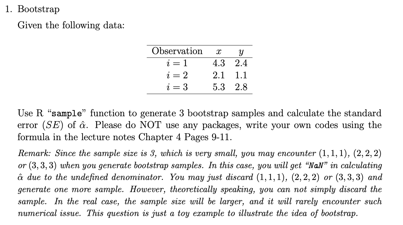 Solved BootstrapGiven the following data:Use R "sample" | Chegg.com