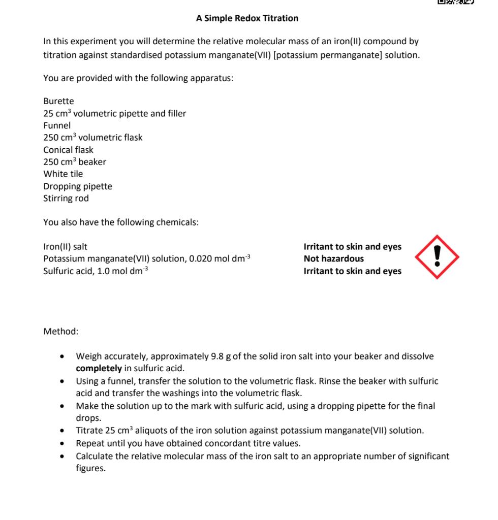 Solved U. A Simple Redox Titration In this experiment you | Chegg.com