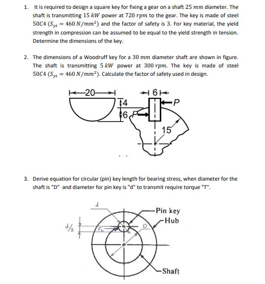 Solved 1. It is required to design a square key for fixing a | Chegg.com