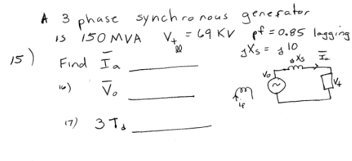 Solved A 3 phase synchronous geneqator 150 MVA VA =69 KV pf | Chegg.com