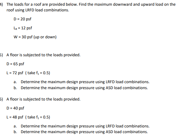 Solved 4 The loads for a roof are provided below. Find the | Chegg.com