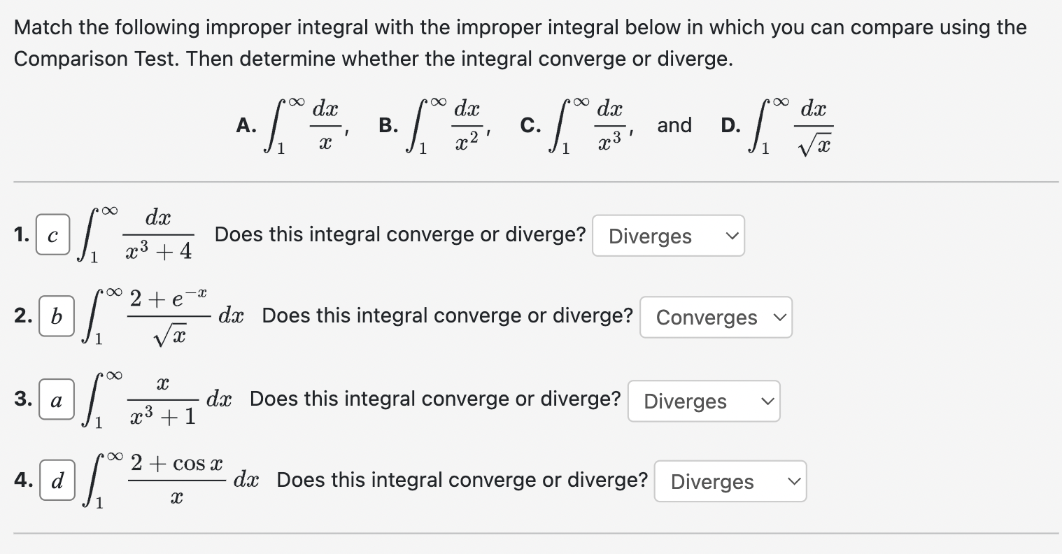 Solved Match the following improper integral with the | Chegg.com