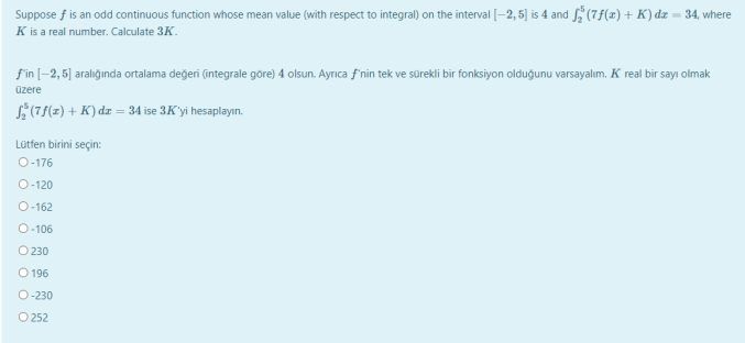 Solved Suppose f is an odd continuous function whose mean | Chegg.com