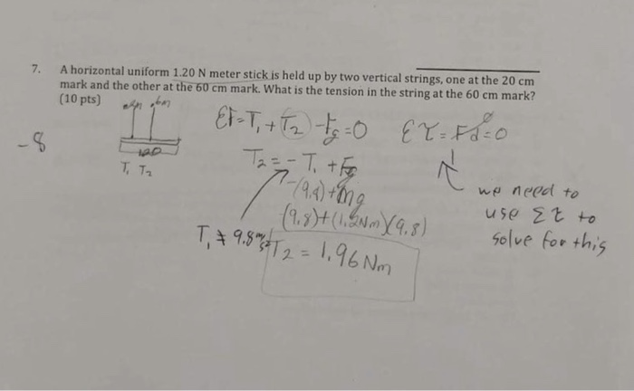 Solved 7. A horizontal uniform 1.20 N meter stick is held up | Chegg.com