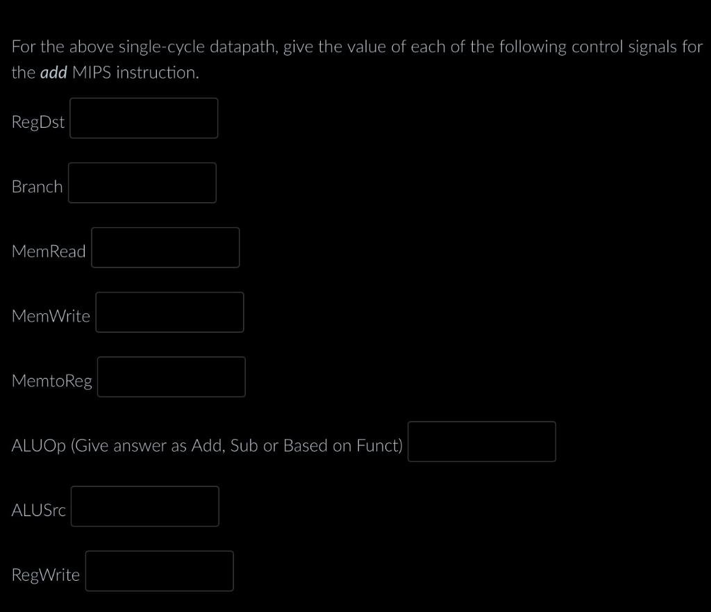 Solved For the above single-cycle datapath, give the value | Chegg.com