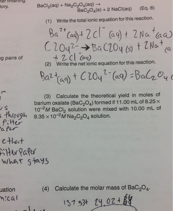 Solved ter tinishing ory BaCl2(aq) + Na2C2O4(aq) → BaC204(s) | Chegg.com