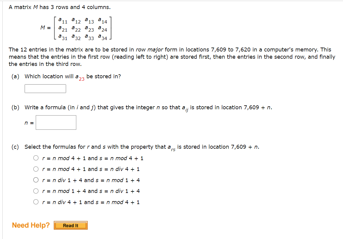Solved A matrix M has 3 rows and 4 columns. M = a 11 a 12 a | Chegg.com