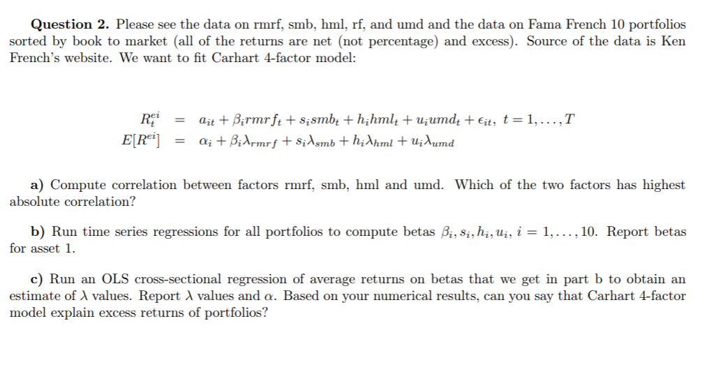 Question 2. Please see the data on rmrf, smb, hml, | Chegg.com